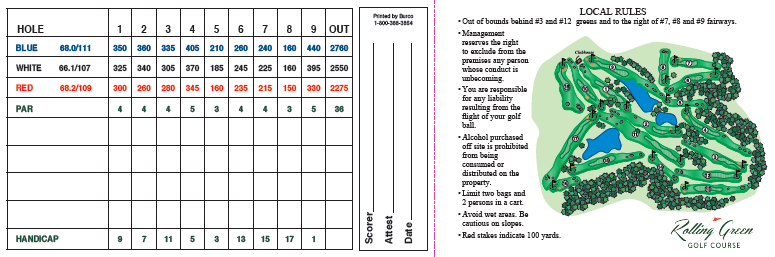 Scorecard - Rolling Green Golf Course
